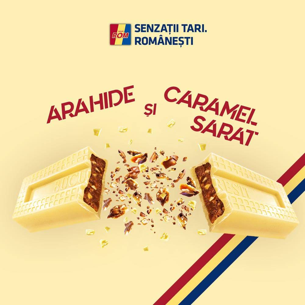 Rom - baton de ciocolata alba cu crema de caramel sarat si arahide ...